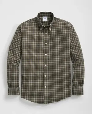 Brooks Brothers Stretch Supima Cotton Non-iron Twill Polo Button Down Collar Windowpane Shirt - Olive