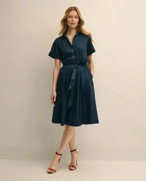 Brooks Brothers Cotton Sateen Belted Shirt Dress - Navy