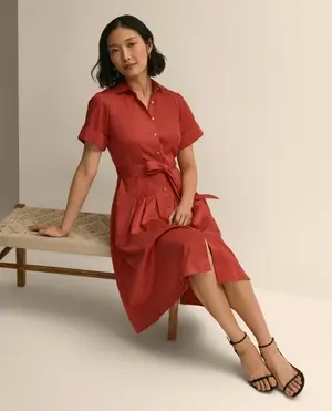 Brooks Brothers Cotton Sateen Belted Shirt Dress - Red