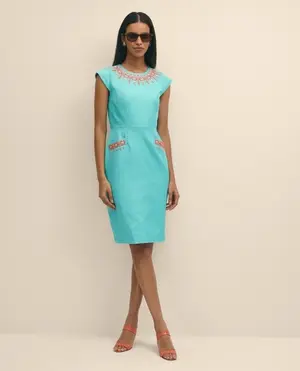 Brooks Brothers Cotton Embellished Sheath Dress - Turquoise