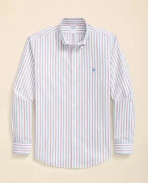Brooks Brothers Stretch Cotton Non-iron Oxford Polo Button Down Collar, Outline Stripe Shirt | | Xs Red