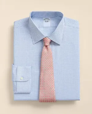 Brooks Brothers Stretch Supima Cotton Non-iron Royal Oxford Ainsley Collar, Grid Check Dress Shirt - Hydrangea