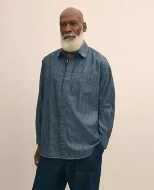 Brooks Brothers X Engineered Garts Cotton Chambray Round Pinhole Collar Overd Dress Shirt - Blue