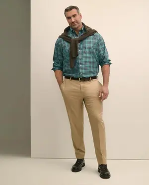 Brooks Brothers Big & Tall Stretch Cotton Non-iron Twill Polo Button Down Collar, Tartan Shirt - Teal