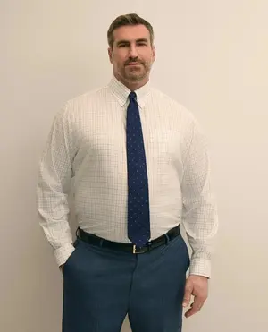 Brooks Brothers Big & Tall Stretch Cotton Non-iron Pinpoint Oxford Polo Button Down, Windowpane Dress Shirt - Blue