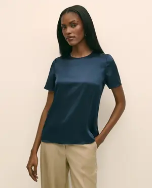Brooks Brothers Washable Silk Charmeuse Short-sleeve Top - Navy