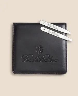 Brooks Brothers Metallic Collar Stays With Nappa Leather Case Tie - Silver