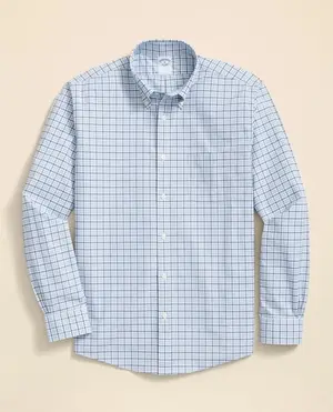 Brooks Brothers Stretch Cotton Non-iron Polo Button Down Collar, Graph Check Shirt - Blue
