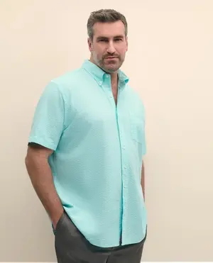 Brooks Brothers Big & Tall Cotton Seersucker Polo Button-down Collar, Short-sleeve Shirt - Blue