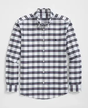 Brooks Brothers Stretch Cotton Non-iron Oxford Polo Button Down Collar, Bold Check Shirt - Navy