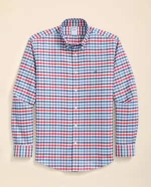 Brooks Brothers Stretch Cotton Non-iron Oxford Polo Button Down Collar, Bold Check Shirt - Red