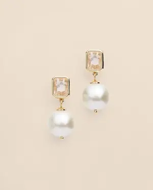 Brooks Brothers Faux Pearl Drop Earrings With Cubic Zirconia Accent - Gold