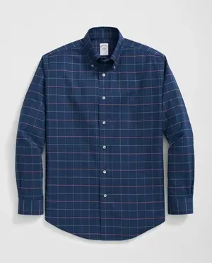 Brooks Brothers Stretch Cotton Non-iron Oxford Polo Button Down Collar Multi Windowpane Shirt - Navy