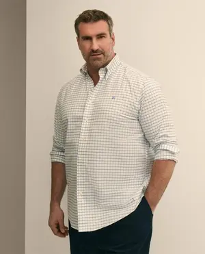 Brooks Brothers Big & Tall Stretch Cotton Non-iron Oxford Polo Button Down, Windowpane Sport Shirt - Blue