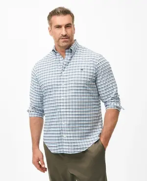 Brooks Brothers Big & Tall Stretch Cotton Non-iron Oxford Polo Button Down Collar, Double Check Shirt - Blue