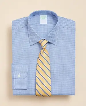 Brooks Brothers Explorer Collection Non-iron Twill Ainsley Collar, Mini-check Dress Shirt - Blue