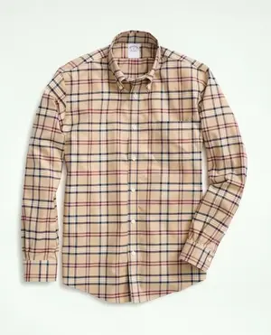 Brooks Brothers Stretch Supima Cotton Non-iron Twill Polo Button Down Collar, Tartan Shirt - Khaki