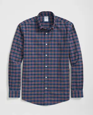 Brooks Brothers Stretch Cotton Non-iron Oxford Polo Button Down Collar, Tartan Shirt - Navy