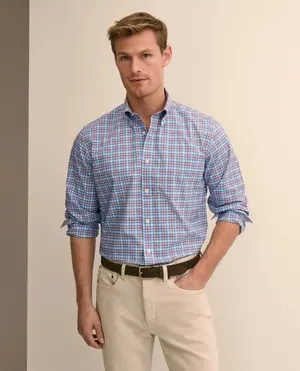 Brooks Brothers Stretch Supima Cotton Non-iron Broadcloth Polo Button-down Collar, Check Sport Shirt - Blue