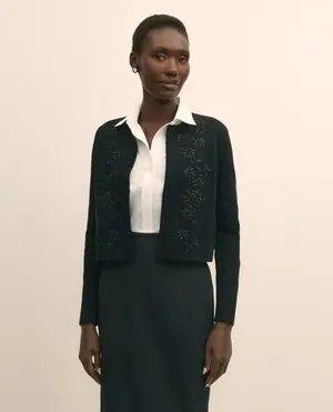 Brooks Brothers Merino-wool-cotton Blend Floral Embellished Cardigan | | Large - Black