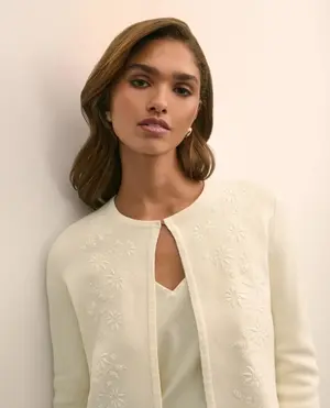 Brooks Brothers Merino-wool-cotton Blend Floral Embellished Cardigan | | Large - Cream