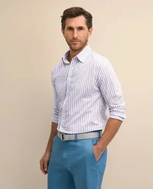 Brooks Brothers Performance Series Stretch Spread Collar, Ribbon Stripe Sport Shirt - Blue