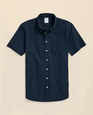 Brooks Brothers Stretch Cotton Seersucker Button-down Collar Short-sleeve Sport Shirt - Navy