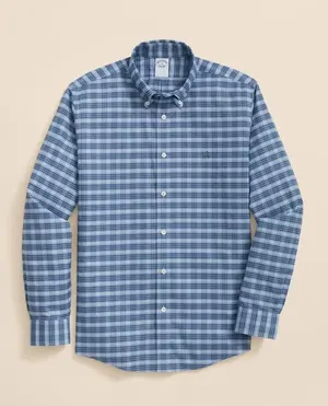 Brooks Brothers Stretch Non-iron Oxford Button-down Collar, Tartan Sport Shirt - Hydrangea