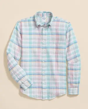 Brooks Brothers Irish Linen Polo Button Down Collar, Multi Plaid Shirt - Multicolor