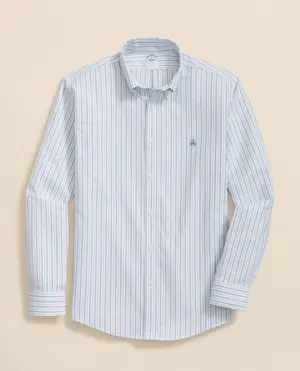 Brooks Brothers Stretch Cotton Non-iron Oxford Polo Button-down Collar, Alternating Stripe Shirt - Blue