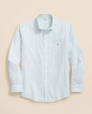 Brooks Brothers Stretch Cotton Non-iron Oxford Polo Button-down Collar, Alternating Stripe Shirt - Green