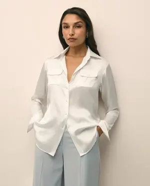 Brooks Brothers S Relaxed Utility Blouse In Washable Silk - Marshmallow