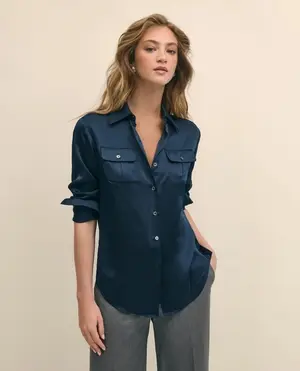 Brooks Brothers S Relaxed Utility Blouse In Washable Silk - Navy