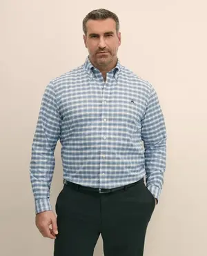 Brooks Brothers Big & Tall Stretch Cotton Non-iron Oxford Polo Button Down Collar, Outline Check Shirt - Hydrangea