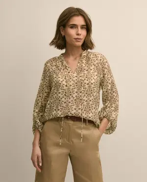 Brooks Brothers Crinkle Texture Floral Popover Blouse - Tan/olive