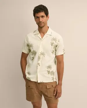 Brooks Brothers Cotton-linen Camp Collar, Palm Tree Short-sleeve Shirt - Cream