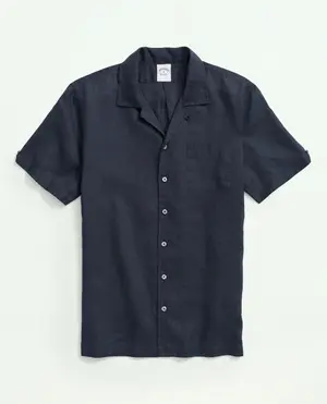 Brooks Brothers Irish Linen Camp Collar Short-sleeve Sport Shirt - Navy