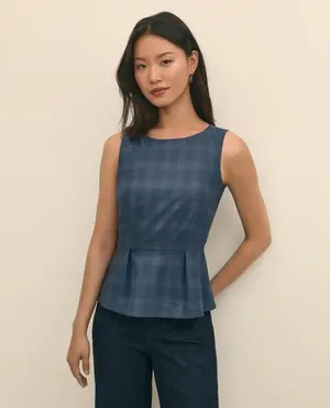 Brooks Brothers S Wool-silk Blend Sleeveless Plaid Peplum Top - Blue