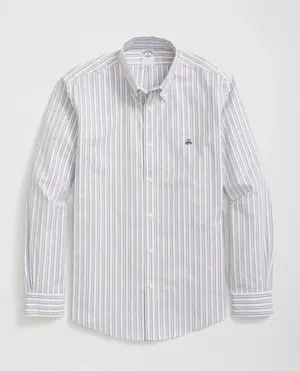 Brooks Brothers Stretch Cotton Non-iron Oxford Polo Button Down Collar, Triple Stripe Shirt - Blue