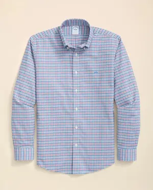 Brooks Brothers Stretch Cotton Non-iron Oxford Polo Button Down Collar, Multi Check Shirt - Blue