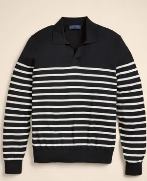 BROOKS BROTHERS Supima Cotton Mariner Stripe Johnny Collar Sweater | | Medium