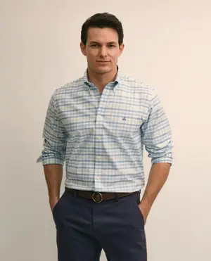 Brooks Brothers Stretch Cotton Non-iron Oxford Polo Button Down, Plaid Sport Shirt - Blue