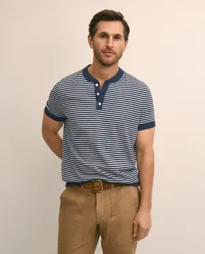 Brooks Brothers Supima Cotton Short-sleeve Mariner Stripe Henley Sweater - Navy