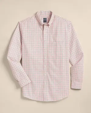 Brooks Brothers Big & Tall Stretch Supima Cotton Non-iron Twill Polo Button Down, Tattersall Sport Shirt - Ivory