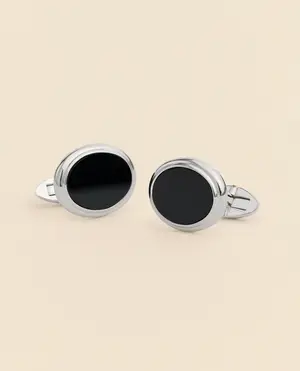 Brooks Brothers Sterling Onyx Oval Rhodium-plated Cufflinks - Silver