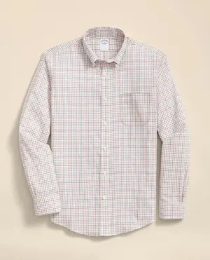 Brooks Brothers Stretch Supima Cotton Non-iron Twill Polo Button Down, Tattersall Sport Shirt - Ivory