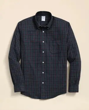 Brooks Brothers Stretch Supima Cotton Non-iron Twill Polo Button Down, Tattersall Sport Shirt - Navy