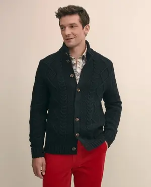 Brooks Brothers Merino Aran Cable Cardigan - Black