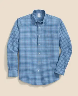 Brooks Brothers Stretch Cotton Non-iron Polo Button Down Collar, Checked Shirt - Blue