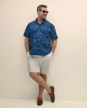 Brooks Brothers Big & Tall Friday Shirt, Short-sleeve Poplin Sailboat - Blue